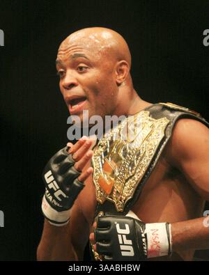 Anderson Silva of Brazil, celebrates his victory over Rich Franklin at ...