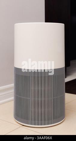 Tall round air purifier with a black top fan and a white body on a tile ...