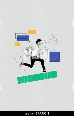 Vertical art banner collage of serious businessman run work bubble ...