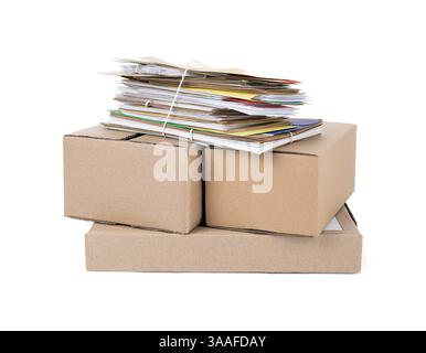 Stack of different paper envelopes and parcels on white background ...