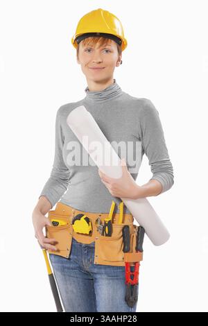 Construction worker with blueprint, isolated on white Stock Photo - Alamy
