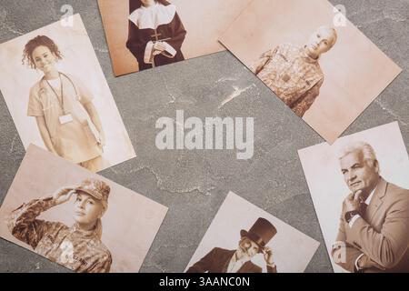 Frame made of old photos of relatives on grunge background. Concept of ...