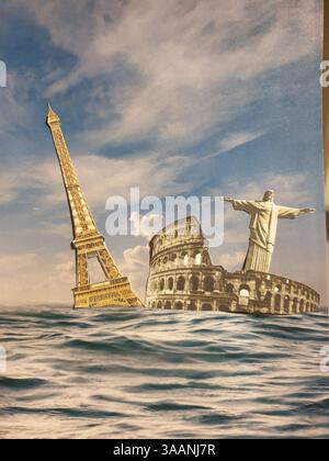 Conceptual collage art of famous landmarks sinking into the ocean Stock ...