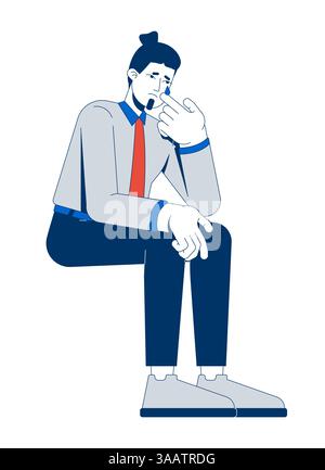 Sad businessman sitting slumped, wiping away tear 2D line character ...