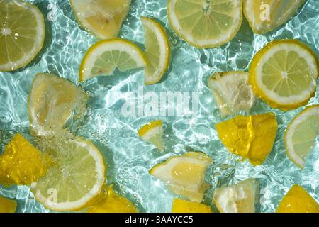 Refreshing turquoise citrus background with floating yellow lemon ...