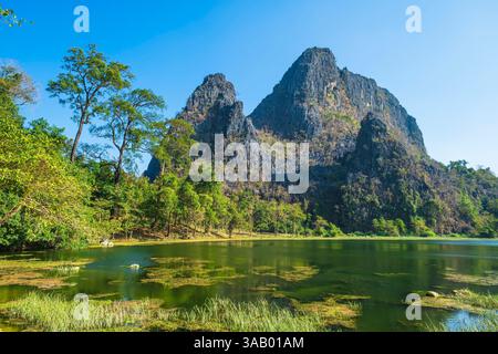 Laos, Khammouane province, Thakhek, Nong Thao Lake near Pa Seuam Cave ...