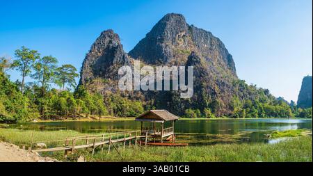 Laos, Khammouane province, Thakhek, Nong Thao Lake near Pa Seuam Cave ...