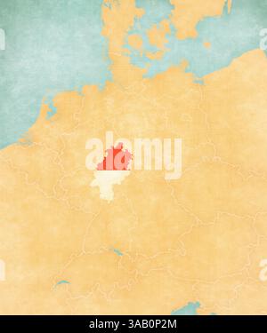 Hesse on the map of Germany in soft grunge and vintage style, like old ...