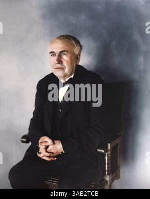 Portrait of Thomas Edison seated and hands clasped in Building 5 ...