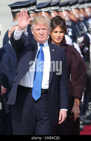 President Donald Trump talks to Air Force Col. Angela F. Ochoa ...