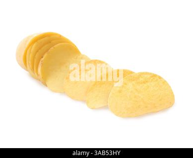 Raw potato slices transforming into crispy chips in air on white ...