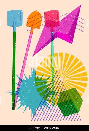 Risograph Spade, Shovel with geometric shapes. Objects in trendy riso ...