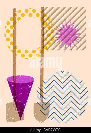 Risograph Spade, Shovel with geometric shapes. Objects in trendy riso ...