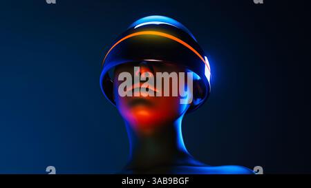 A humanoid wearing virtual goggles experiences an augmented world ...