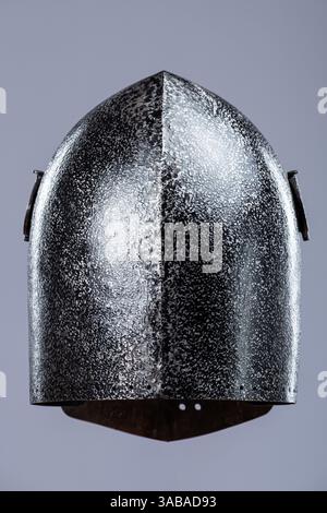 Darkened Steel Medieval Knight Helmet. Battle-worn head protection with ...