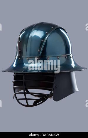 Dark Metal Helmet with Wide Brim and Grill Visor. This image shows a ...