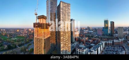 Aerial image of Deansgate High-rises in Manchester UK touched by the ...