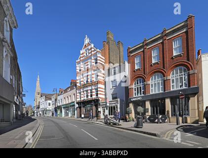 Shops bars and restaurants on Heath Street, Hampstead, London NW3. One ...