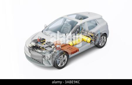 Hydrogen fuel generic car technical cutaway 3d rendering with all main ...