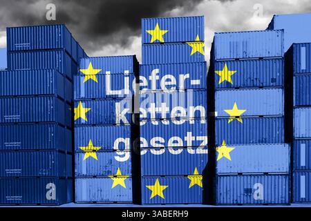 FOTOMONTAGE, Container mit EU-Fahne und Aufschrift Fauler Deal auf US-Fahne, Symbolfoto ...