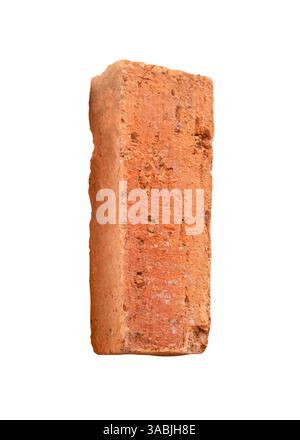 Side view of single cracked old red or orange brick is isolated on ...