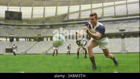 Image of light yellow grid over male rugby players at stadium Stock ...