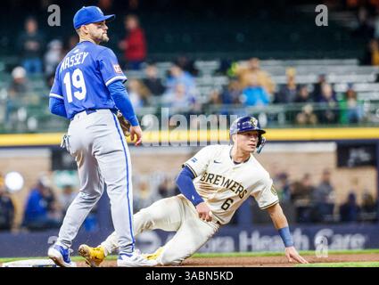 Milwaukee Brewers' Isaac Collins in the dugout after scoring against ...