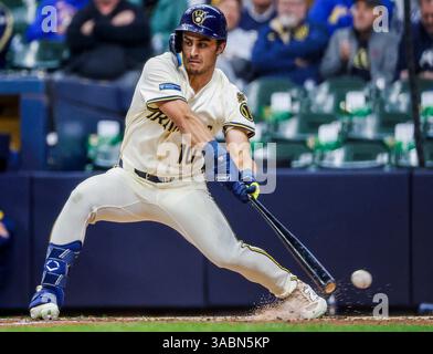 Milwaukee Brewers' Sal Frelick swings during a baseball game against ...