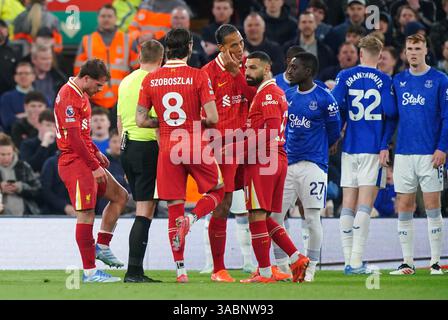 James Tarkowski of Everton speaks with referee Tony Harrington during ...