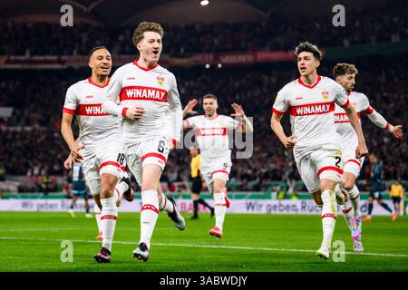 Stuttgart's Jamie Leweling, right, celebrates with Stuttgart's Ramon ...