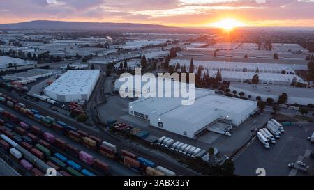 Carson, California, USA - April 2, 2025: The setting sun shines on the ...