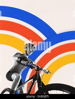 Conceptual art collage. Cyclist riding through pastel clouds and yellow ...