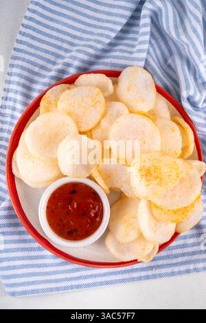 Crispy airy rice shrimp chips. Fragrant prawn crackers with sauce ...