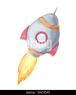 Watercolor hand painted cute space ship frame, Kids birthday cosmos ...