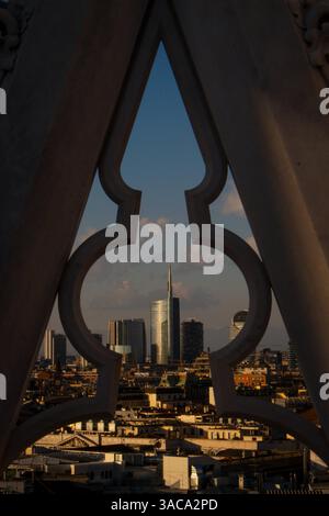 Skyline of Milan, Italy with clear blue sky and skyscraper at horizon ...