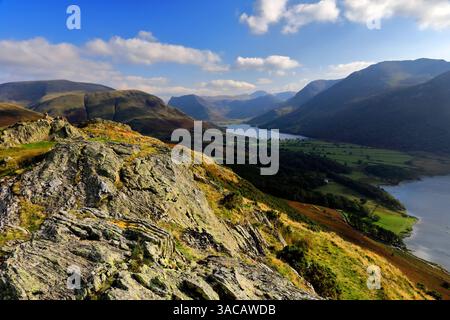 View of the summit cairn of Rannerdale Knotts fell above Crummock Water ...