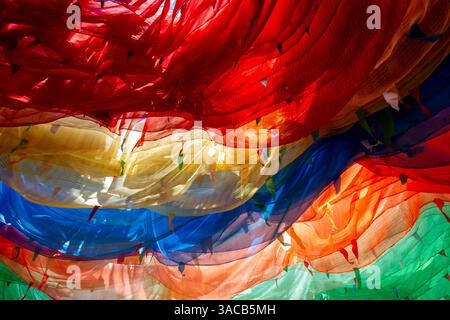 Tibet, Kham, Tagong. Interior view of a cone of prayer flags Stock ...