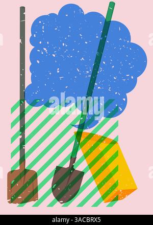 Risograph Spade, Shovel with speech bubble with geometric shapes ...