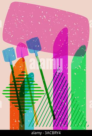 Risograph Spade, Shovel with speech bubble with geometric shapes ...