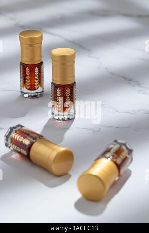 Traditional Oud Oil Bottles – Dhn Al Oud on White Marble with Hard ...