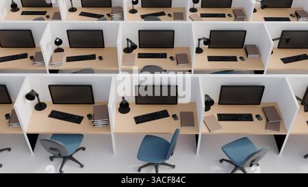 A 3d rendering of repetitive pattern of office cubicles, arranged in a ...