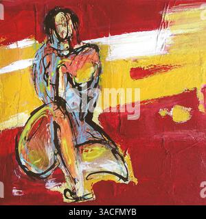 Abstract oil painting style of young red and yellow leaves of Prunus ...