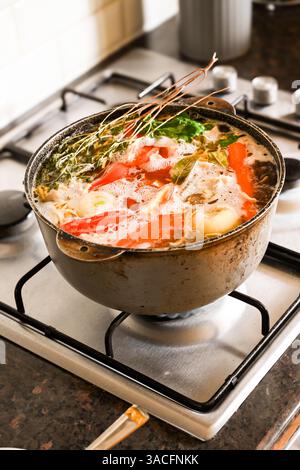 Bone Broth Bouillon in Metal Pan. Organic Food Stock Photo - Alamy