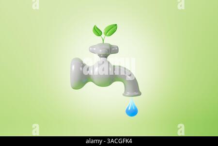 Cartoon faucets and water drops, water conservation concept, 3d ...