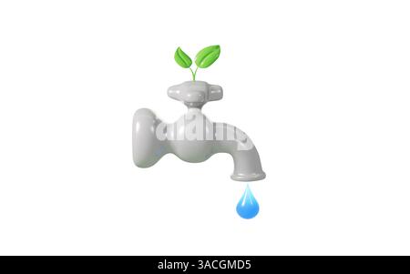 Cartoon faucets and water drops, water conservation concept, 3d ...