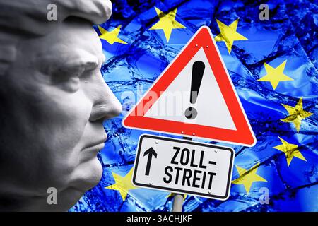 FOTOMONTAGE, Trump-Büste vor EU-Fahne in Scherben und Schild mit Aufschrift U.S. tariffs ...