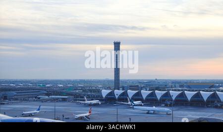 ATC tower view at Suvarnabhumi International Airport in the morning ...