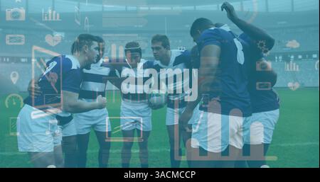 Image of statistics and icons over rugby players Stock Photo - Alamy