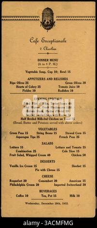 A 1933 dinner menu from Charlie's Cafe Exceptionale featuring ...