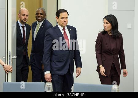 French Foreign Minister Jean-Noel Barrot, center, arrives for the first ...